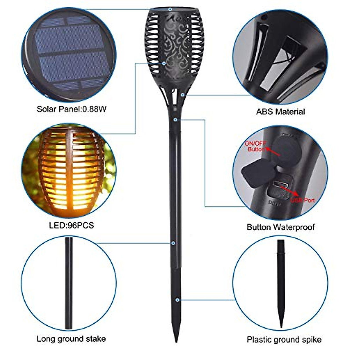 Solar Torch Lights – Weather & Waterproof Tiki Torch Lights – Solar & USB Powered Outdoor Torch Lights – Flickering Flame Torch Lights for Your Patio, Garden, & Walkway - Set of 2 Solar Torches