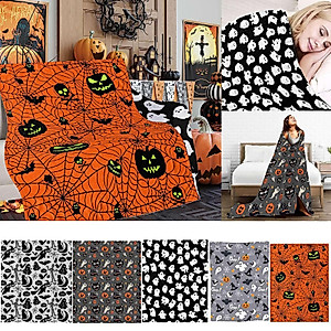 Halloween Blankets 40"x28" Super Soft Spooky Pumpkin Black Bats Ghosts Spider Webs Printed Throw Blanket Lightweight Fuzzy Halloween Decorations Blankets for Home Living Room Couch Bedroom Sofa