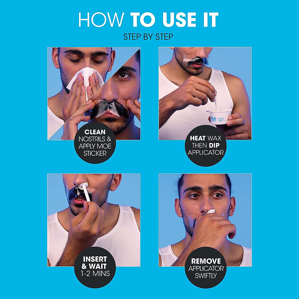 Nad's For Men Nose Waxing Kit - Hair Removal with Hard Wax, Moustache Protectors, Applicators, Spatulas, and Post-Wax Wipes