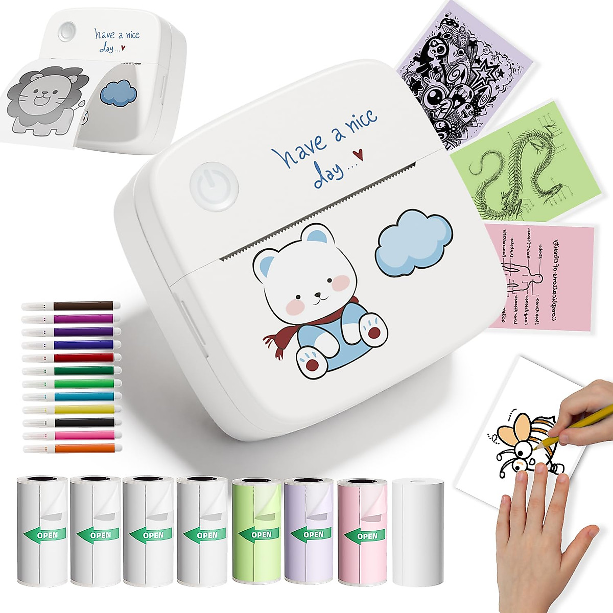 DOLEWA Mini Sticker Printer, Portable Thermal Inkless Sticker Maker with 8 Rolls Coloed Paper & 12 Pens, Wireless Thermarote Printers for Travel, Photos,Study Notes, Scrapbook, Journal, Memo (Blue)