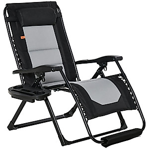 Outsunny Foldable Outdoor Lounge Chair with Footrest, Oversized Padded Zero Gravity Lounge Chair with Headrest, Side Tray, Cup Holders, Armrests for Camping, Lawn, Garden, Black