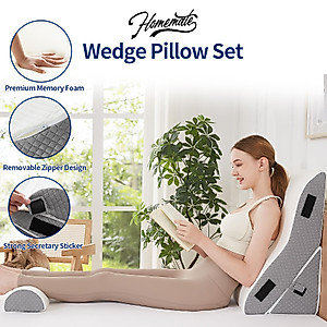 Homemate 3 PCS Upgraded Orthopedic Bed Wedge Pillow Set - Post Surgery Foam Pillow for Back, Leg and Knee Pain Relief，Adjustable 16.5" Wide Triangle Pillow for Sleeping Acid Reflux & GERD & Snoring