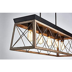 Saint Mossi 5 Light Wood Metal Chandelier, Kitchen Island Pendant Lighting for Dining Room, Rustic Vintage Farmhouse Industrial Light Fixtue, L39 x H12 x W12, Oaky Painted Metal and Stardust Network