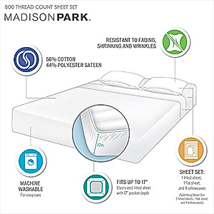Madison Park 800 Thread Count Luxurious Wrinkle Free Breathable Cotton Rich Sateen 6 Piece Sheet Set, Queen Size, Ivory