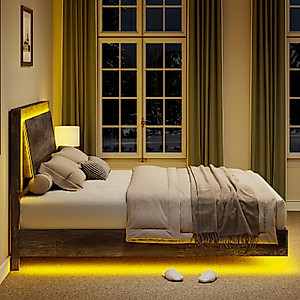 LUXOAK Full Size Floating Bed Frame, Farmhouse Platform Bed Frame with Headboard and LED Light/No Box Spring Needed/Noise Free/Easy Assembly, Rustic Grey