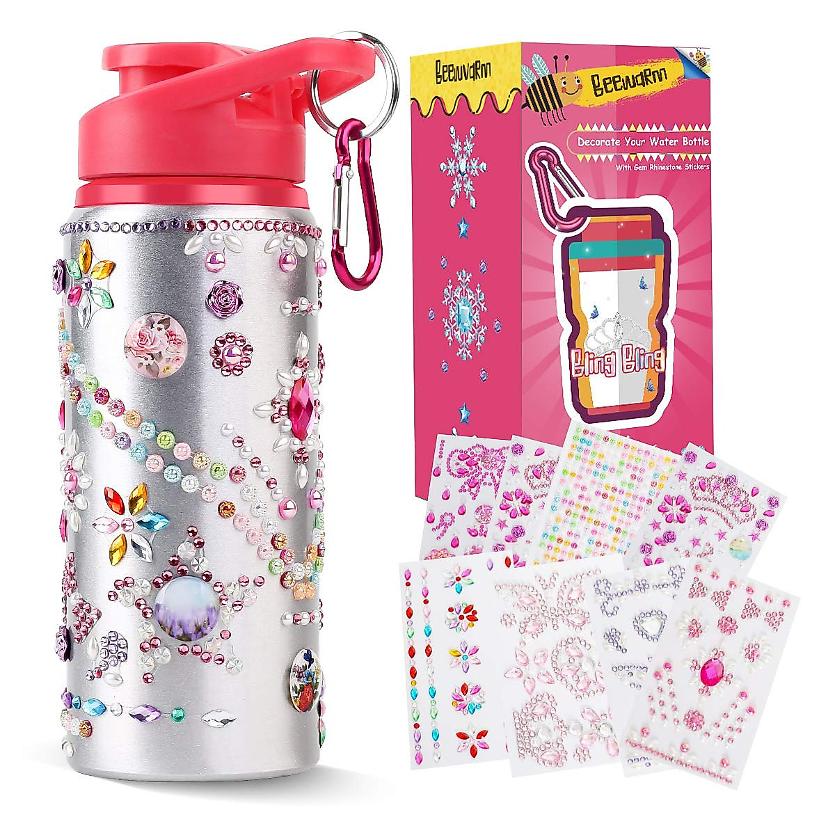 Gift for Girls, Decorate & Personalize Your Own Water Bottles with Tons of Rhinestone Glitter Gem Stickers, Reusable BPA Free 12 oz Kids Water Bottles Cute Gift, Fun DIY Art and Craft for Kid Pink