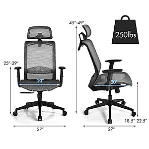 POWERSTONE Ergonomic Office Chair - High-Back Computer Desk Mesh Chair with Clothing Hanger - Executive Swivel Task Chair with Adjustable Arms and Head Rest (Gray)