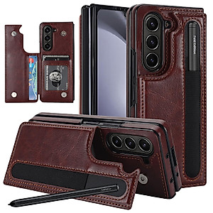 XIMAND for Samsung Galaxy Z Fold 5 Wallet Case with Credit Card Holder and S-Pen Holder,Fold Premium Leather Magnetic Clasp Kickstand Heavy Duty Protective Cover.(Brown)