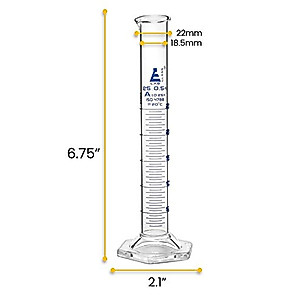EISCO Graduated Cylinder, 25ml - Class A Tolerance ±0.25ml - Hexagonal Base - Blue Graduations - Borosilicate 3.3 Glass