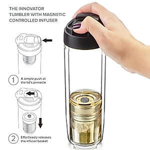 Teabloom Travel Tea Infusing Cup – Insulated Borosilicate Glass Bottle with Magnetic Controlled Infuser and Flip Lid for Hot Tea, Cold-brew Coffee, Fruit Water – The Innovator Tumbler (15oz/450ml)