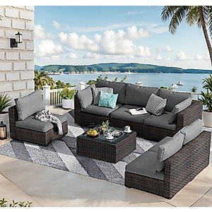 Grezone Patio Furniture Set 7 Piece Outdoor Wicker Sectional Sofa - All Weather High Backrest PE Rattan Couch Conversation Set with Cushion & Glass Top Table for Backyard Deck Porch, (grey)