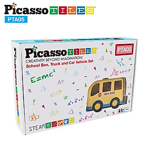 PicassoTiles Magnetic Figures 5 Piece Vehicle and Action Figure Set Including School Bus, Car, Truck and 2 Drivers Magnet Expansion Pack Toddler Toy Kit Pretend Playset for Construction Building Block