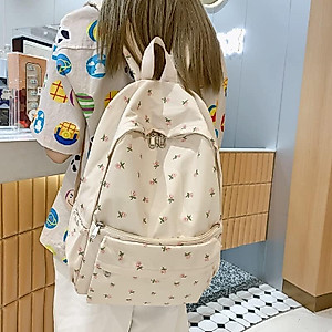 2023 Cute Preppy School Bag Floral Printed Kawaii Backpack Cottagecore Aesthetic Backpack BookBag Laptop Daypack (White)