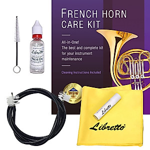 Libretto French Horn ALL-INCLUSIVE Cleaning & Care Kit with Instructions: Valve Oil + Slide Grease + Cleaning Cloth + Mouthpiece & Bore Brushes, Giftable Handy Case. Clean & Extend Life of your Horn