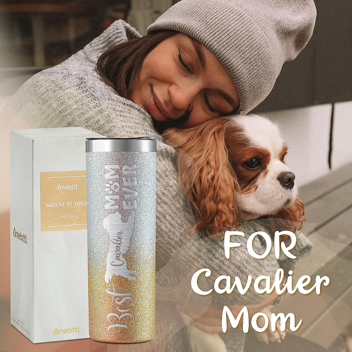 Onebttl King Charles Cavalier Gifts for Women, Unique 20oz Cavalier Tumbler with Lid and Straw, Cavalier King Charles Spaniel Gifts for Cavalier Lovers - Silver Gold