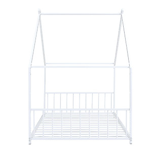 Kids Montessori Floor Bed with Headboard and Footboard, Metal Floor Bed with Slats, Twin Size House Floor Bed for Kids, White Montessori Bed Frame Twin Size