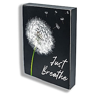 Maoerzai Just Breathe Wall Art Dandelion Sign, Wooden Box Sign Office Desk Decor, Rustic Farmhouse Home Decor for Bathroom Living Room Kitchen Sign. (6 X 8 X 1.2 inch, Black - Dandelion-3)
