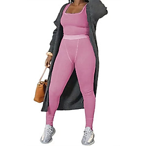 AYWA Casual Workout Sets Two Piece Outfits for Women Ribbed Crop Tank Top High Waist Leggings Active Wear (Pink, X-Small)