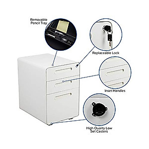 Flash Furniture Wren Ergonomic 3-Drawer Mobile Locking Filing Cabinet with Anti-Tilt Mechanism and Hanging Drawer for Legal & Letter Files, White