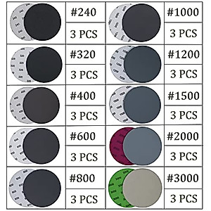 Aewio 30PCS 5 inch No Hole #240-#3000 Wet Dry Sanding Discs 240 320 400 600 800 1000 1200 1500 2000 3000 Grit Sandpaper Compatible for Random Orbital Sanders (#240-#3000 10Kind Grit Each 3PCS)