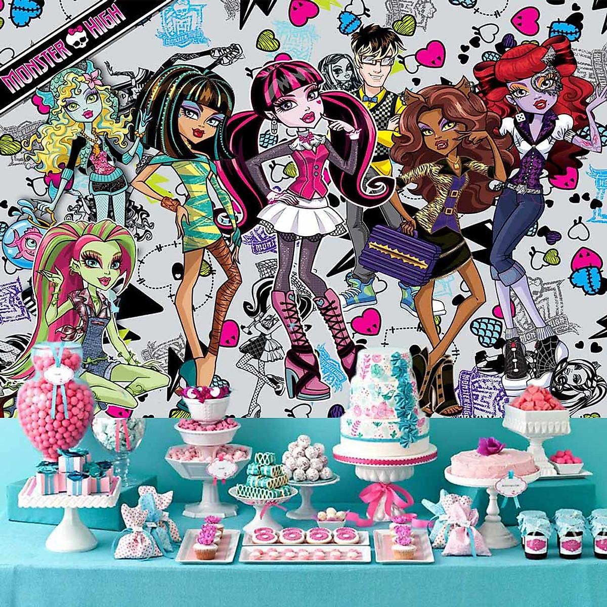 Monster High School Backdrop Wall Banner Decorating Kit Birthday Party Supplies Grils Birthday Decoration for Kids Background Banner 7x5Ft