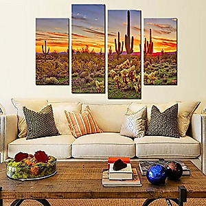 Kreative Arts - Colorfull Sunset with Saguaros Landscape Canvas Wall Art Sonoran Desert Picture Gallery Wrapped Botanical Cactus in Arizona Picture Print on Canvas for Living Room