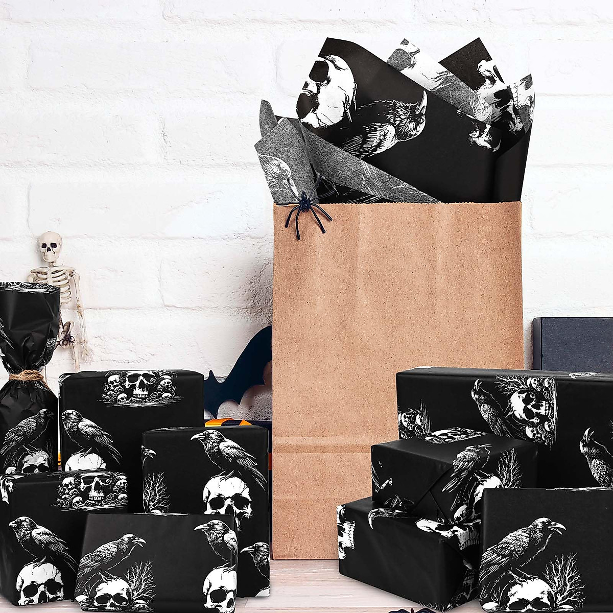 100 Sheets Halloween Tissue Paper for Gift Bags Black White Skull Raven Printed Tissue Paper Spooky Decorative Tissue for Gift Wrapping for Halloween Party DIY Craft, 13.7 x 19.6 Inch