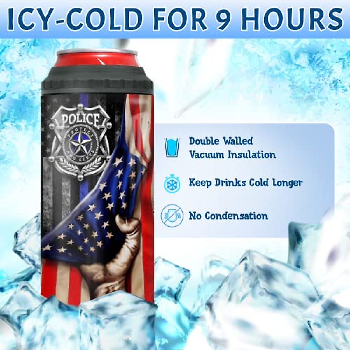 winorax Thin Blue Line Police Nutrition Facts 4-in-1 Tumbler Can Cooler Gifts for Men Police Academy Graduation Cops Officer American Flag