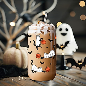 Fairy's Gift Halloween Ghost Cat Iced Coffee Cup, Halloween Cat Pumpkin Glass Tumbler, 16 oz Halloween Glass Cup with Lid Straw, Boo Basket Stuffers, Spooky Halloween Gifts for Cat Lover, Women Teen