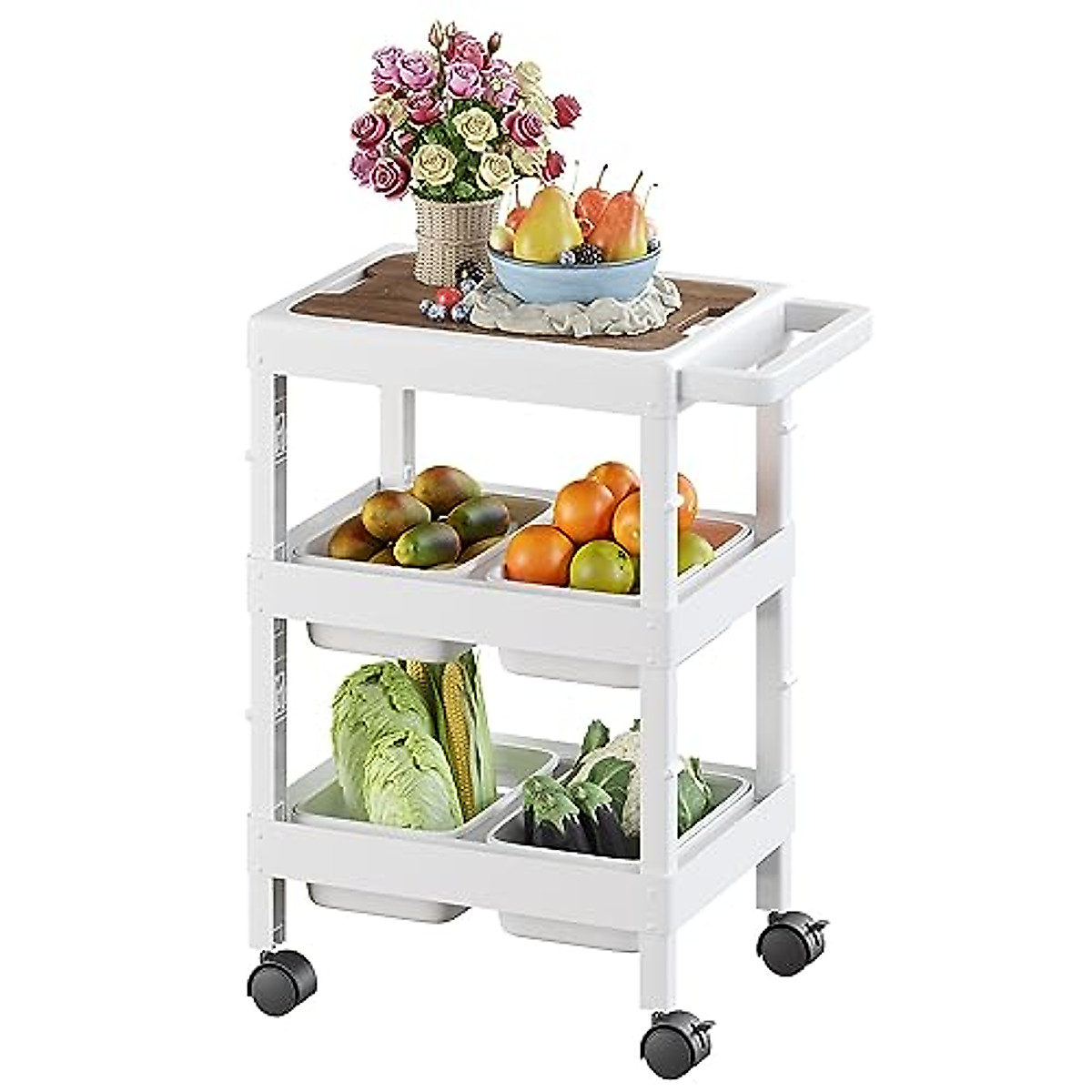 KLONVS 3-Tier Plastic Rolling Utility Cart with Handle, Multi-Functional Storage Trolley for Office, Living Room, Kitchen, Movable Storage Organizer with Wheels, White