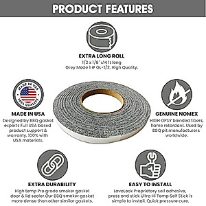 1/2" x 1/8" LavaLock High Temp BBQ Gasket Smoker Seal for Nomex Door Lid, Self Stick Grey