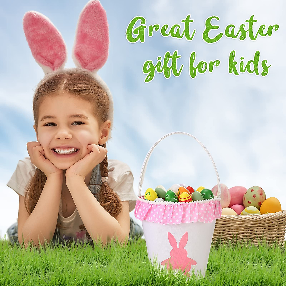 4 Pieces Canvas Easter Basket Bunny Easter Baskets for Kids Candy Egg Bags Fluffy Tails Printed Easter Bucket Cute Personalized Kids Basket Rabbit Bunny Easter Basket Tote for Carrying Presents Eggs