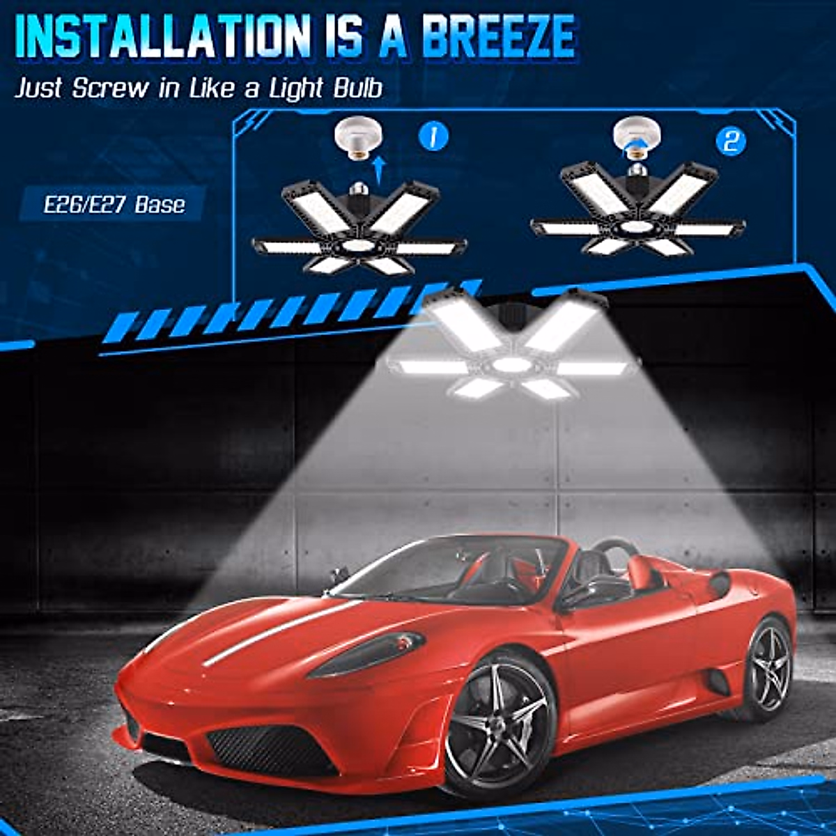 12 Pack LED Garage Lights 200W, 20000lm Shop Lights Bright 6 Leaf Deformable Garage Lights Ceiling Led,6500K Daylight Adjustable Folding Garage Lighting Bulb Fixture E26/E27 for Garage,Workshop