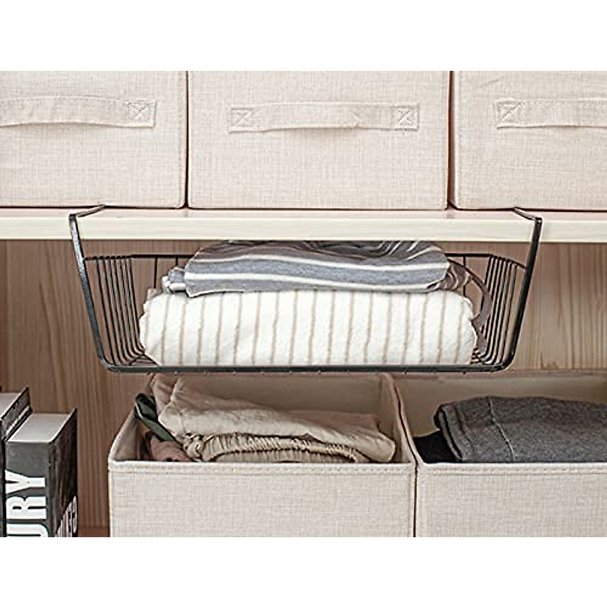 Tebery 2 Pack Black Under Shelf Wire Basket, Hanging Storage Baskets Under Cabinet Add-on Storage Racks, Slide-in Baskets Organizer for Kitchen Pantry Desk Bookshelf