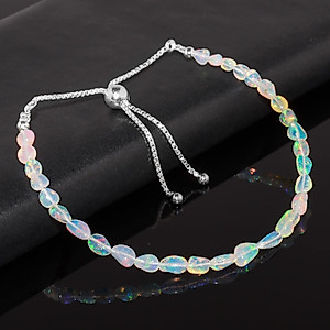 ZEMBIENCE Natural Ethiopian Opal Gemstones Bolo Bracelets, Plain Nuggets Beads, Silver Plated, Handmade, Libra Zodiac, Adjustable Slider. Statement, Gift for Women. Size 10"