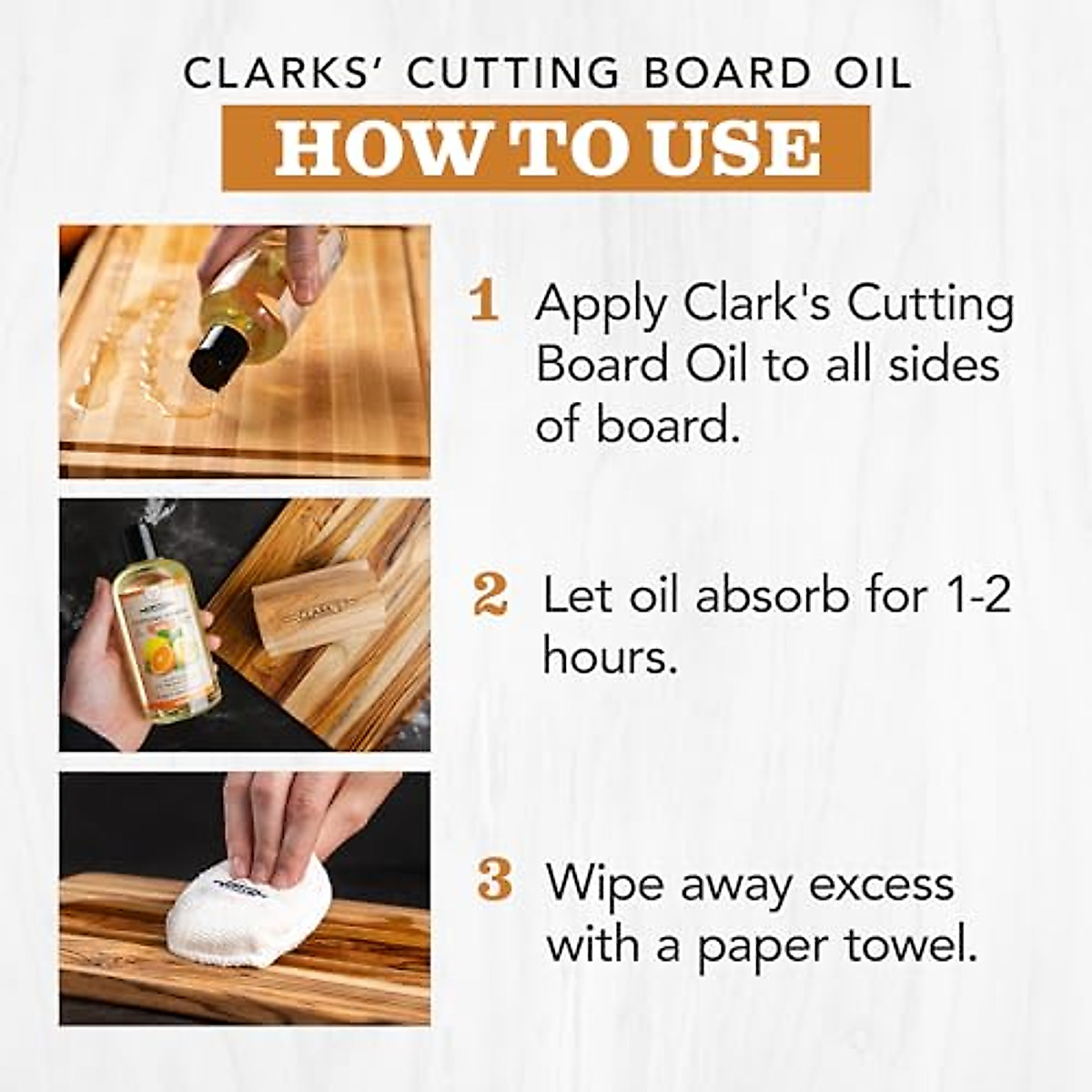 CLARK'S Bamboo Cutting Board Care Kit, Includes Mineral Oil (12oz) and Carnauba Beeswax (6oz) Enriched with Orange & Lemon Extract, Bamboo Cutting Board Oil Food Grade, Cutting Board Wax Bamboo