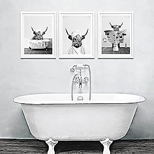 Funny Highland Cow Wall Art In Bathtub, Black and White Canvas Cow In Bathroom Picture, Humor Animals Bathroom Artwork Set of 3 Prints Kids Bathroom Decor (12x18in-3p Unframed,Black)