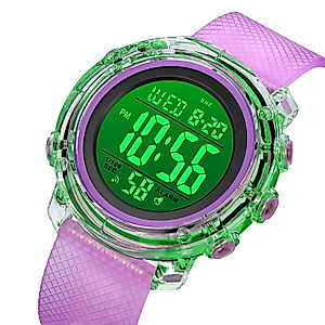 Gosasa Outdoor Sport Women Watches Fashion Ladies Casual Watch Calendar Week Display Alarm 5Bar Waterproof PU Strap LED Digital Watch (X-Purple)