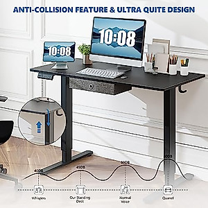 DUMOS Adjustable Height Electric Standing Desk with Drawer,48 x 24 in Ergonomic Computer Table with Splicing Board, Wire Hole and Hook for Workstation for Home, Office, Black