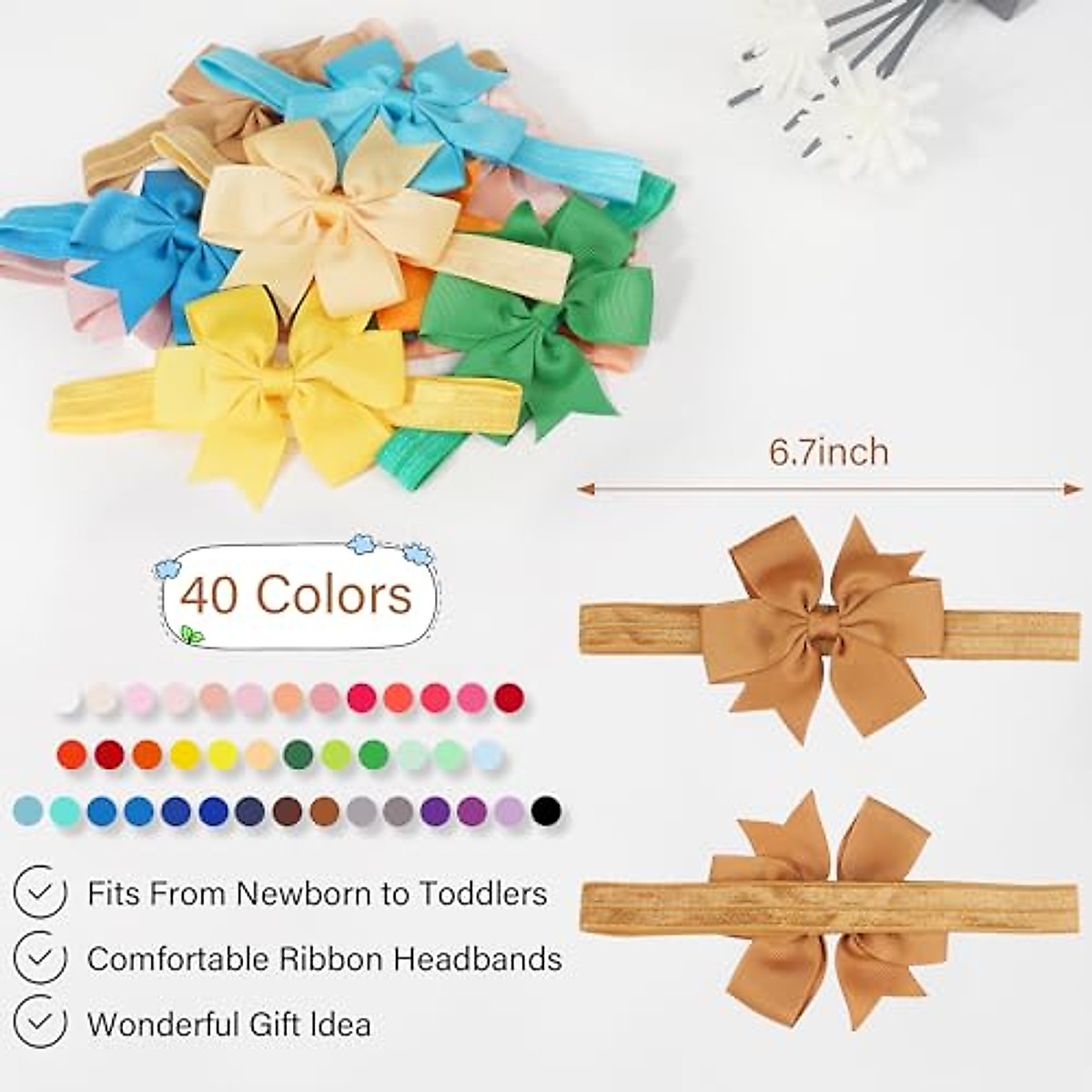 CÉLLOT 40 Colors Baby Girls Headbands 3" Pinwheel Hair Bows Elastic Hair Bands Hair Accessories for Newborn Infants Toddlers