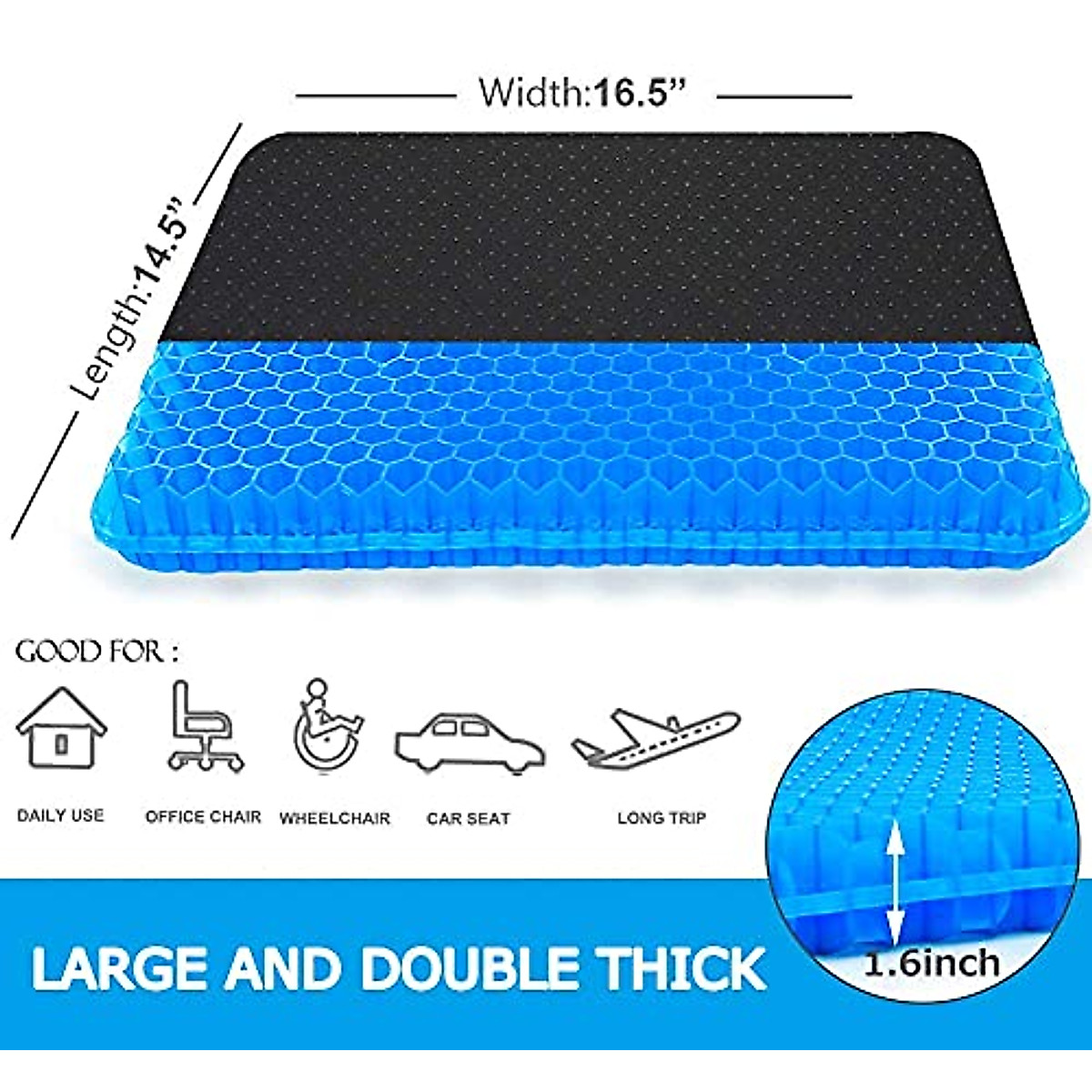 Gel Seat Cushion, Double Thick Big Gel Seat Cushion, Honeycomb Design Gel Seat Cushion for Pressure Relief Back Pain, Gel Cushion for Home Office Chair Cars Wheelchair(with Non-slip Seat Cover)