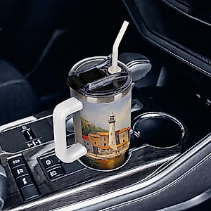 40 Oz Romantic Entitled Seaport Insulated Stainless Steel Tumbler with Handle & Straw Lid, Reusable Travel Cupholder Friendly Mug for Coffee, Water, Tea