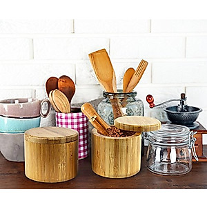 Estilo 2 pc Premium Bamboo Salt and Pepper Bowls, Wooden Spice Containers with Magnetic Swivel Lids, Perfect for Salt, Spice, Sugar, Pepper