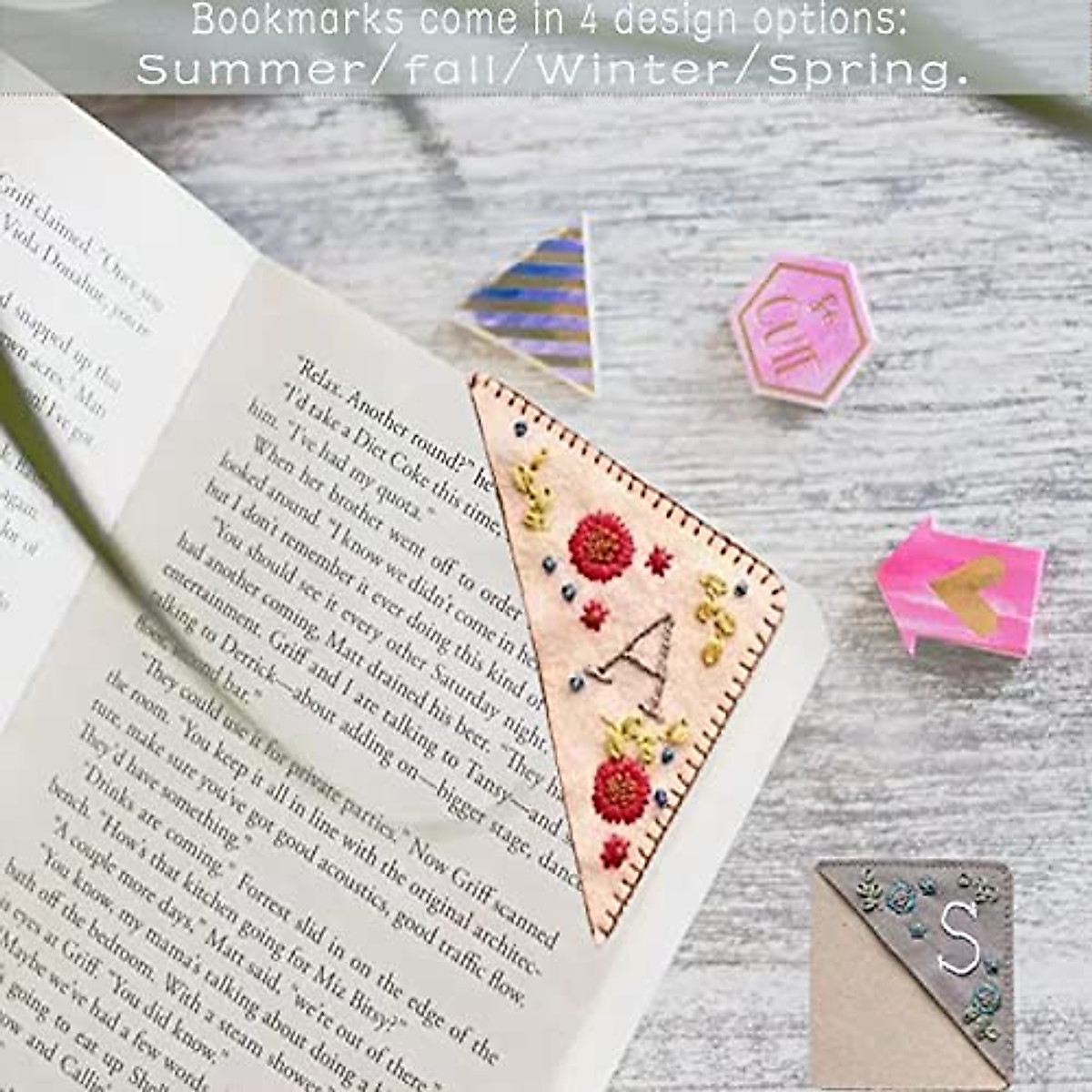 Personalized Hand Embroidered Corner Bookmark，Hand Stitched Felt Corner Bookmark,Cute Flower Letter Embroidery Bookmarks for Book Reading Lovers Meaningful Gift（4 PCS）