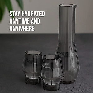 American Atelier 3 Piece Water Set; Carafe and 2 Tumblers; Water Jug; Easy Pour Spout for No Mess Use in Office, Kitchen; 34 oz Pitcher with a 10 oz Tumbler, 4”x 11”H; Gray