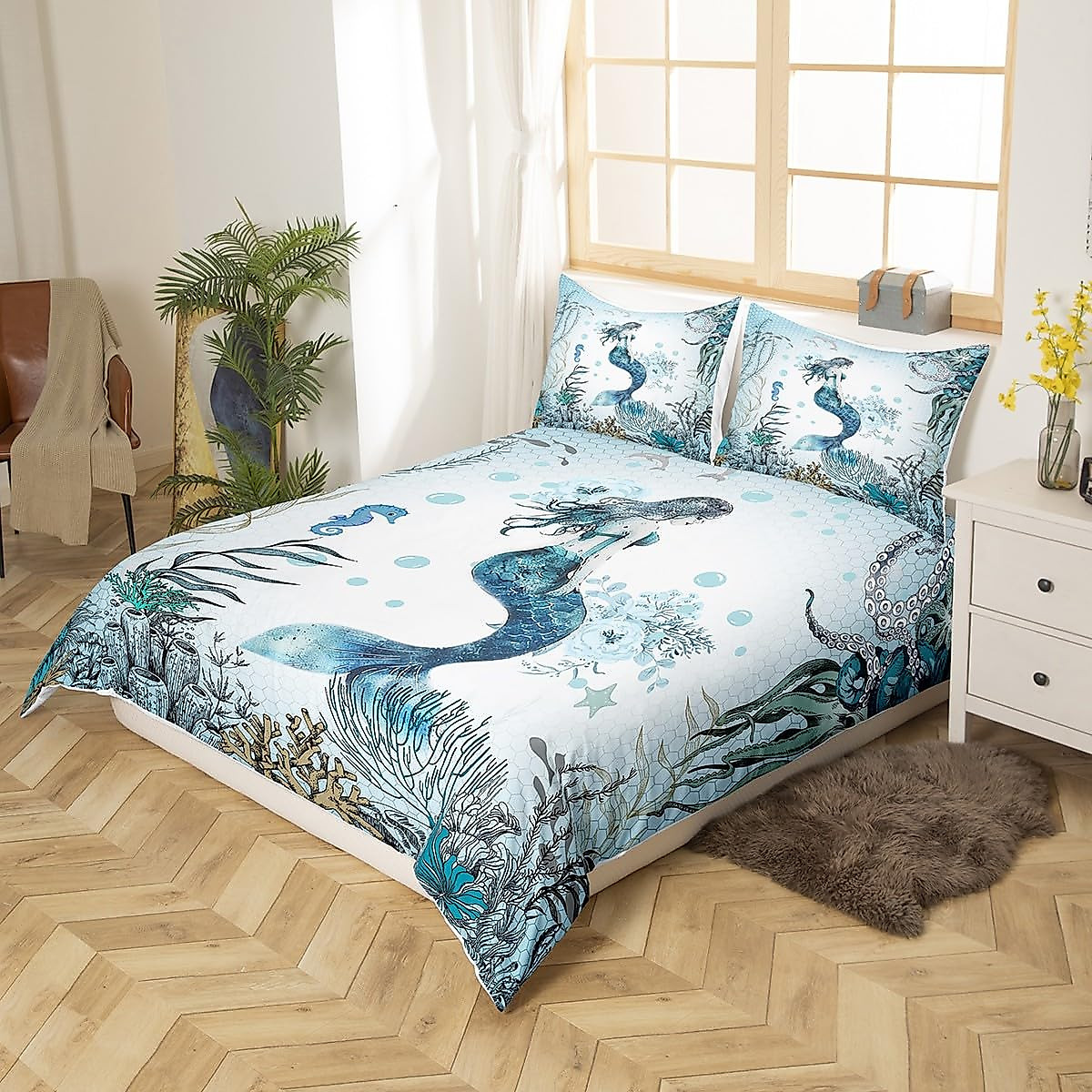 Feelyou Mermaid Bedding Set King Size Ocean Life Sea Animal Comforter Cover Set for Kids Boys Girls Children Princess Decor Bedding Duvet Cover Set Room Decor Fish Scales Bedspread Cover 3Pcs