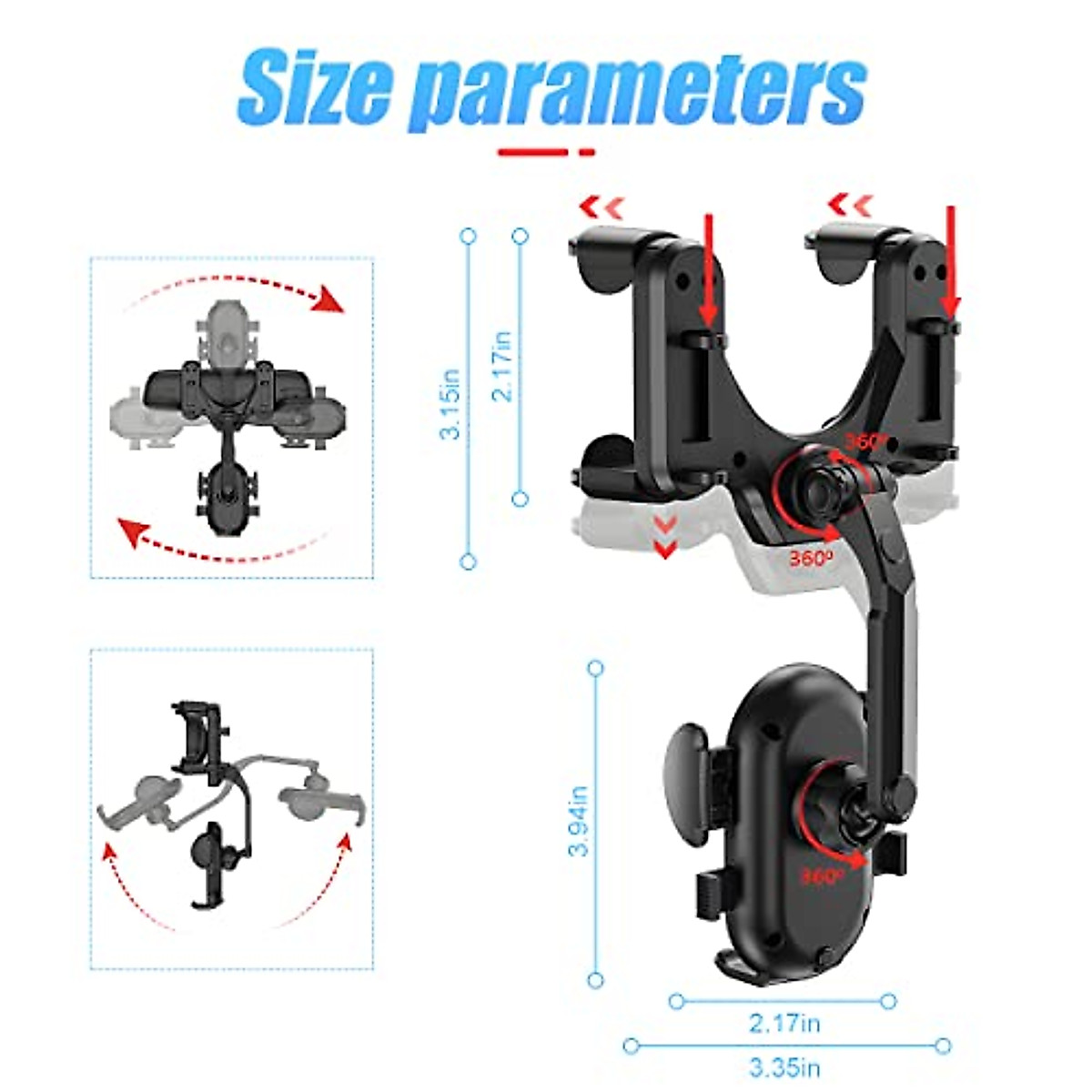 Rearview Mirror Phone Holder for Car, New Upgraded Car Cell Phone Holder, 360 Rotatable and Adjustable Anti-Shake Car Phone Holder Mount for iPhone 14 13 Pro Max, Most Mobile Phones & Vehicles