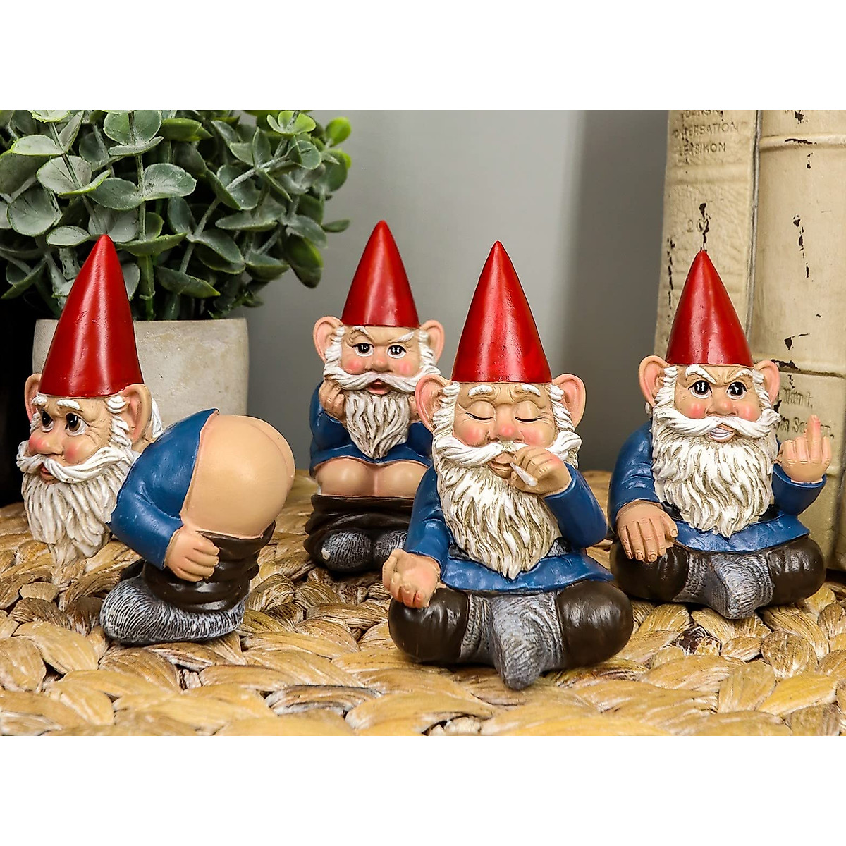 Ebros 4" Tall Badass Naughty Magical Gnome Mooning Figurines Collectible Set of 4 Whimsical Dwarf Gnomes Dwarves Fairy Garden Accessory Decors
