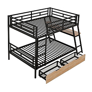 Flieks Bunk Bed, Full Over Full Metal Bunk Bed Frame with Built-in Desk, Light, 2 Drawers, Safety Guard Rails and Ladder, Heavy-Duty Steel Frame Bunk Bed for Kids Teens Adults (Black)