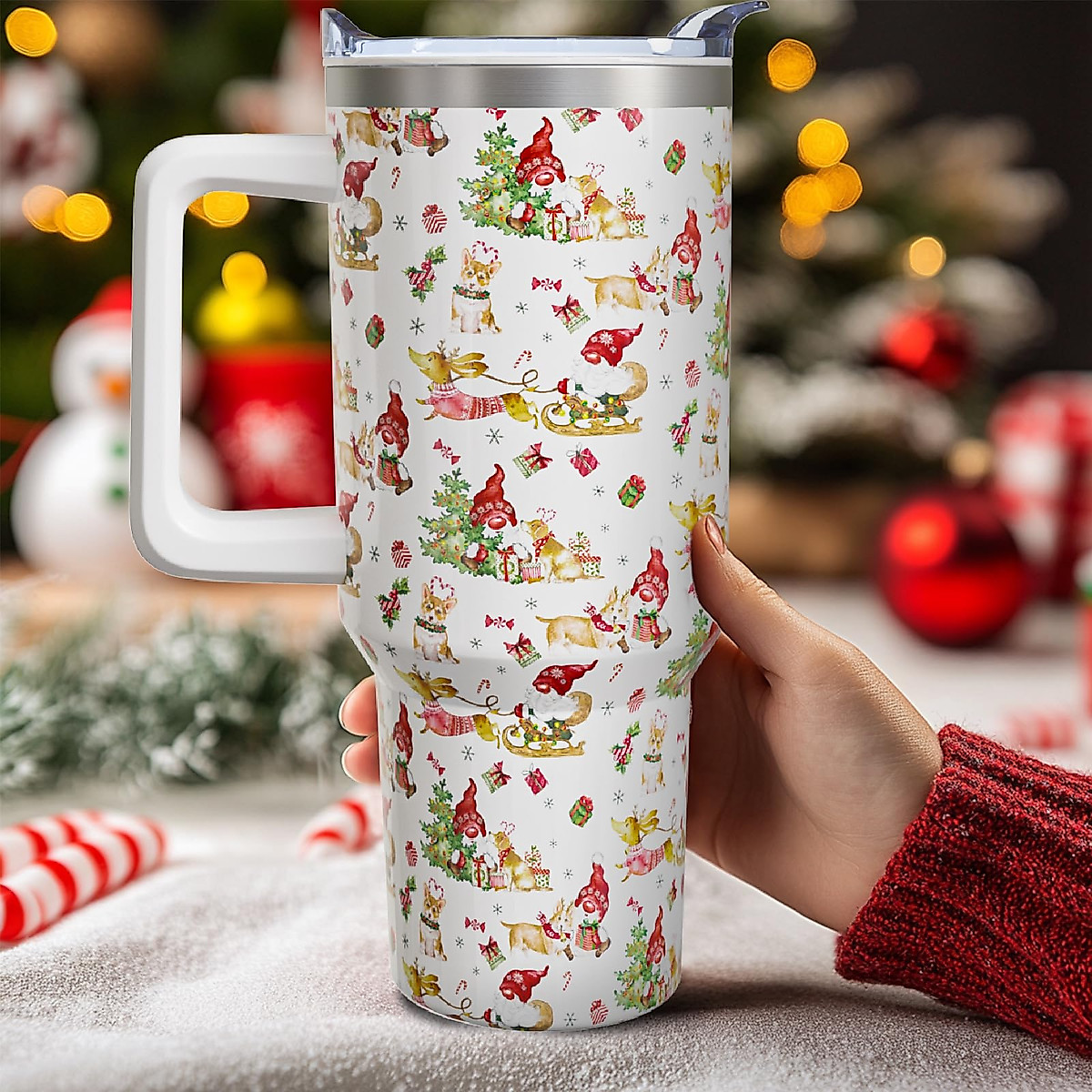 owbgsdh 40 oz Christmas Tumblers with Handle and Straw, Gnome Corgi 40oz Stainless Steel Vacuum Insulated Travel Coffee Mug Cup Water Bottle, Christmas Decor Stuff Accessories Gifts for Women